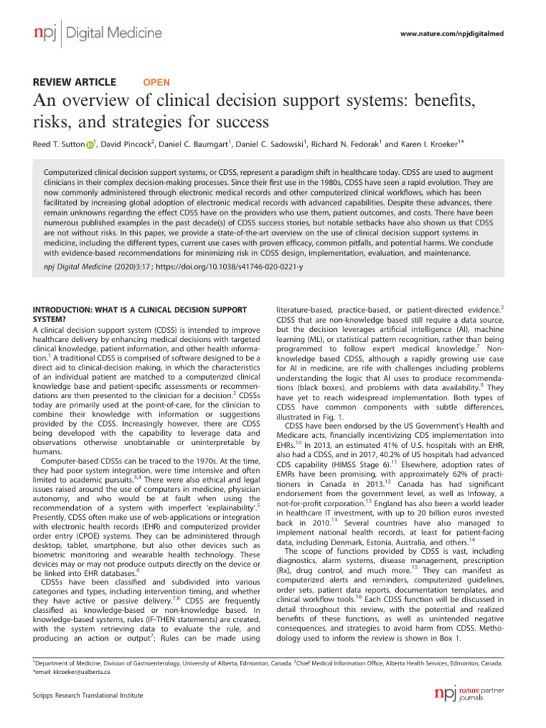 An Overview of Clinical Decision Support Systems: Bene Fits, Risks, and ...