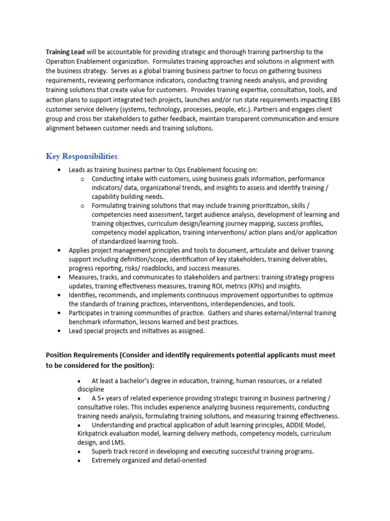 Training Lead for Ops Enablement | PDF | Performance Indicator ...