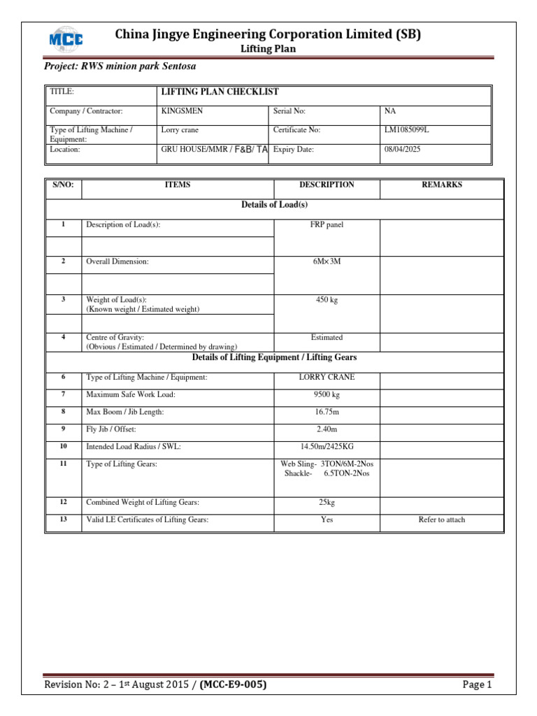 Crane Lifting Plan for FRP Panel | PDF | Crane (Machine)