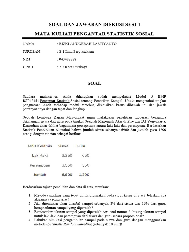 Soal Dan Jawaban Diskusi Sesi 4 Matkul Statistik Sosial 043482888 Rizki ...