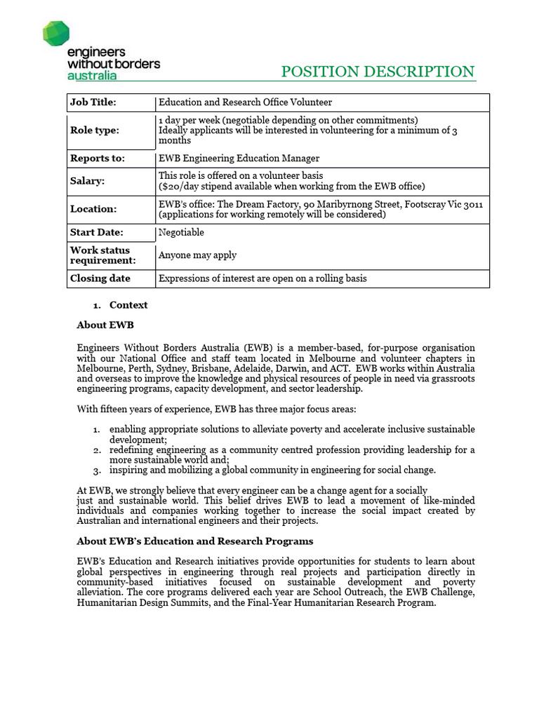 Volunteer Position Description - EWB E&R Team | PDF | Volunteering ...