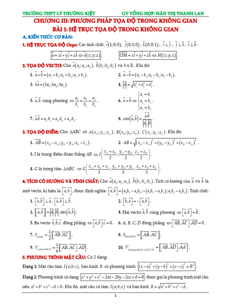 Trường - HKII - K12 - Hình Học Không Gian Oxyz - Đề Cương | PDF
