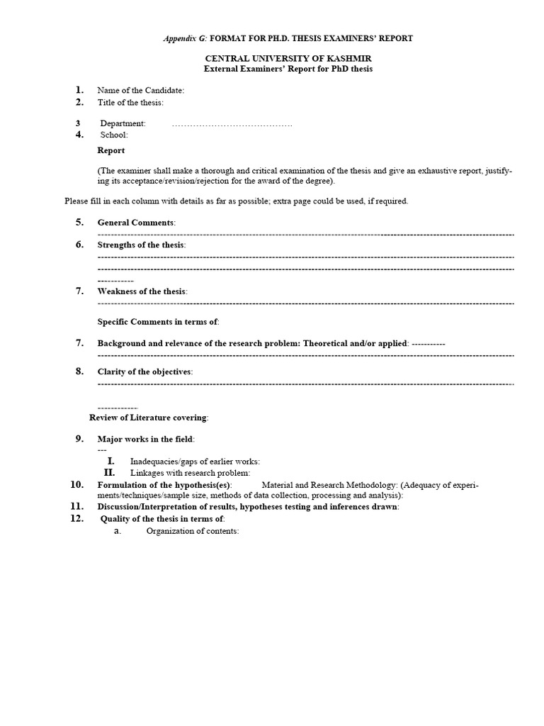 PhD Thesis Examiner's Report Template | PDF | Art