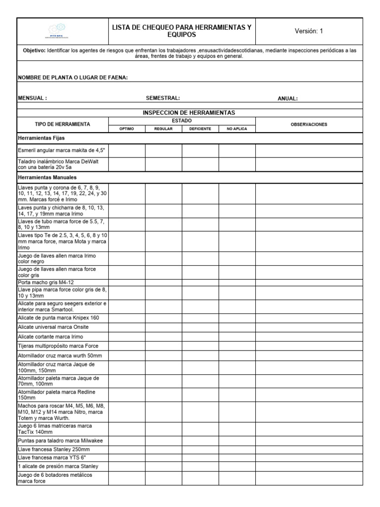 Formato Lista de Chequeo para Herramientas y Equipos | PDF | Herramientas | Bienes manufacturados