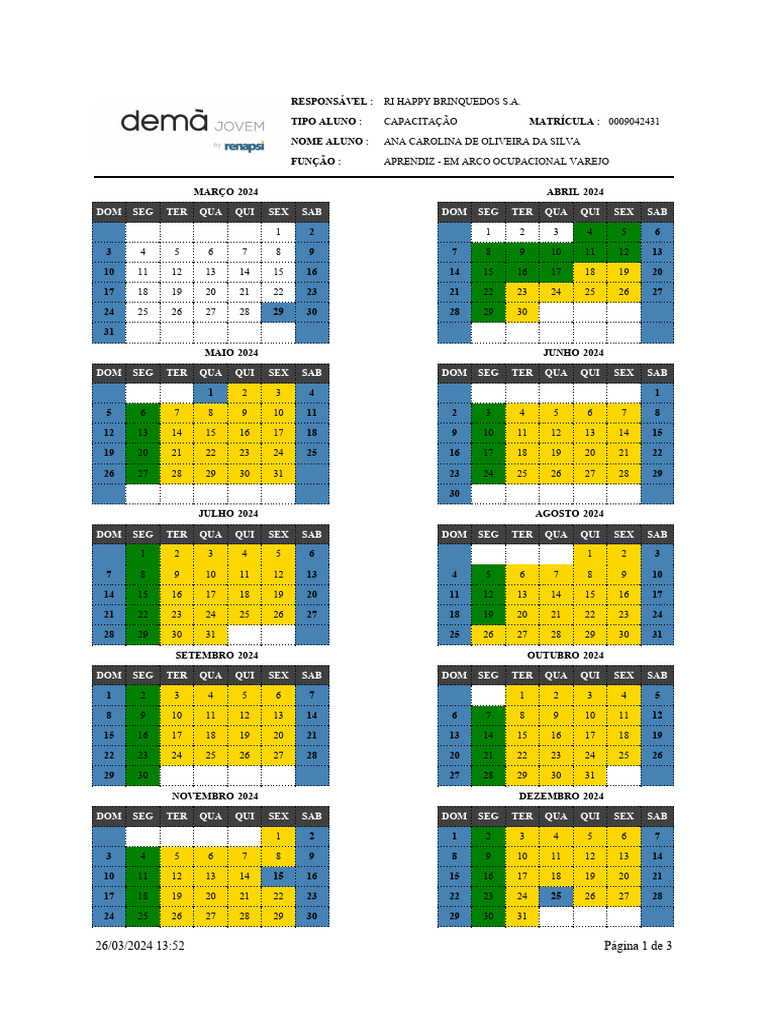 Calendario - Ana Carolina de Oliveira Da Silva | PDF