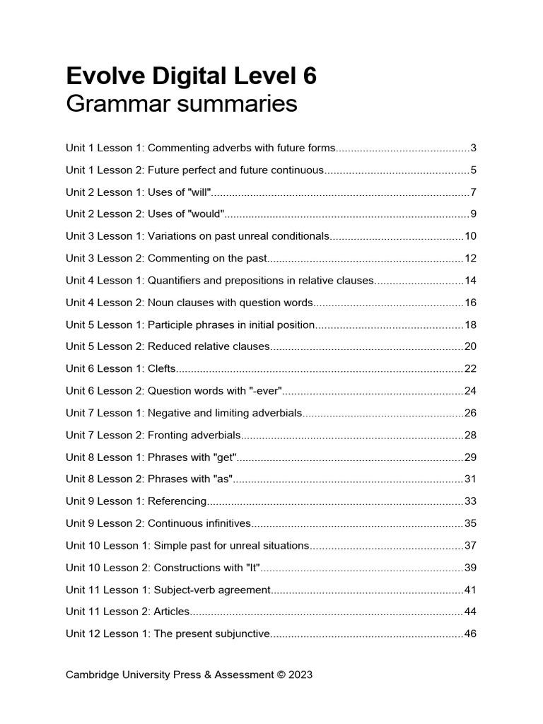 Evolve 6 Grammar Summaries | PDF | Verb | Grammatical Number