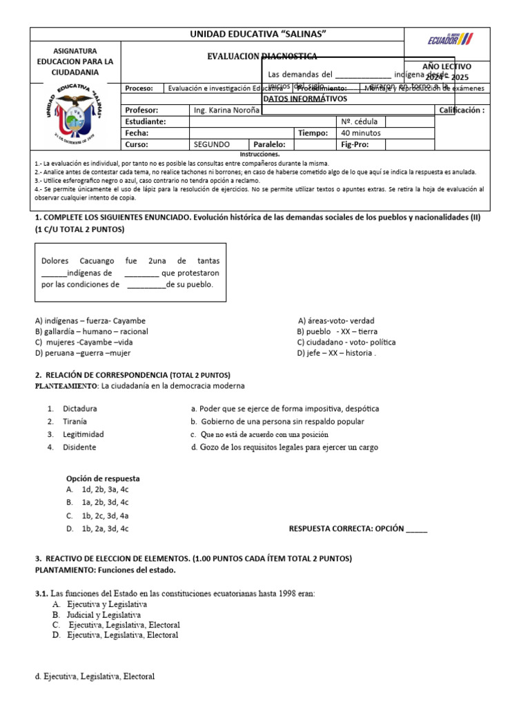 Evaluacion Diagnostica 2do Bgu Educacion para La Ciudadania | PDF | Evaluación | Democracia