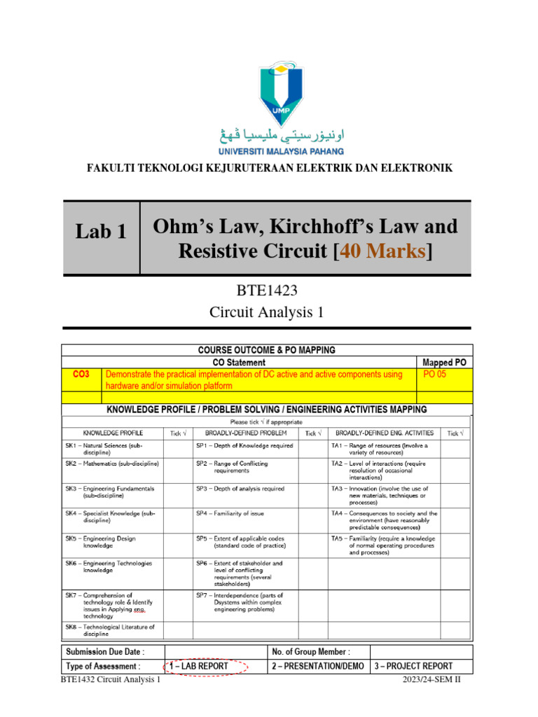 Lab 1 (Ohm Law, Kichhoffs Law, Resistive Circuit) | PDF | Electrical Network | Network Analysis ...