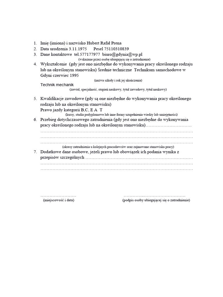 Kwestionariusz Osobowy - Wzór | PDF