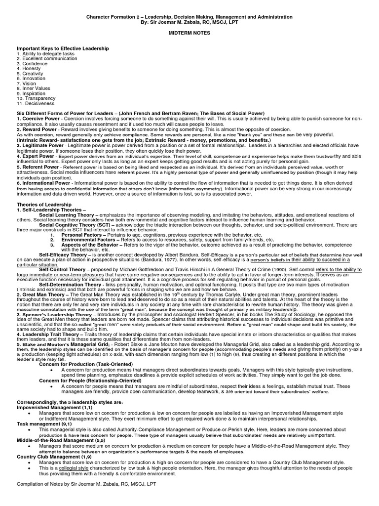 Character Formation 2 Midterm Notes | PDF | Leadership | Behavioural ...