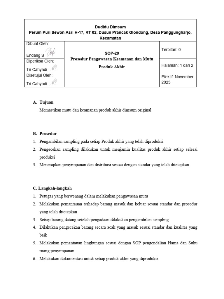 SOP 20 Prosedur Pengawasan Keamanan Dan Mutu Produk Akhir | PDF