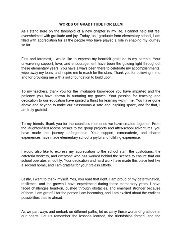 Gratitude Speech for Elementary Graduation | PDF | Gratitude | Learning