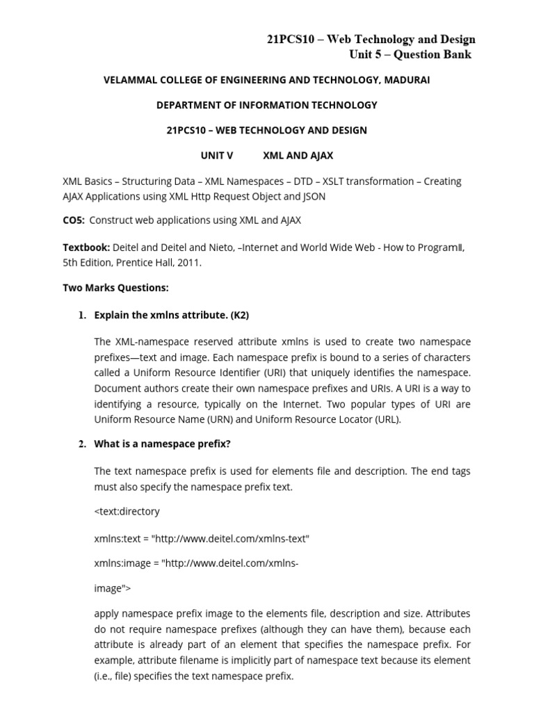 Unit 5 WTD Question Bank 1 | PDF | Xslt | Ajax (Programming)