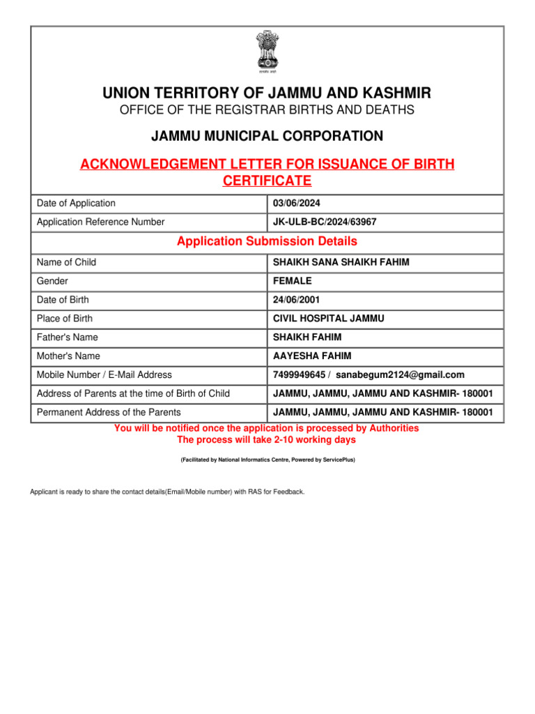 Application Submission Acknowledgement Letter | PDF