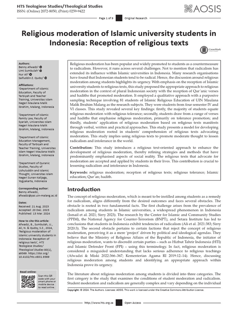 Religious Moderation of Islamic University Students in Indonesia ...