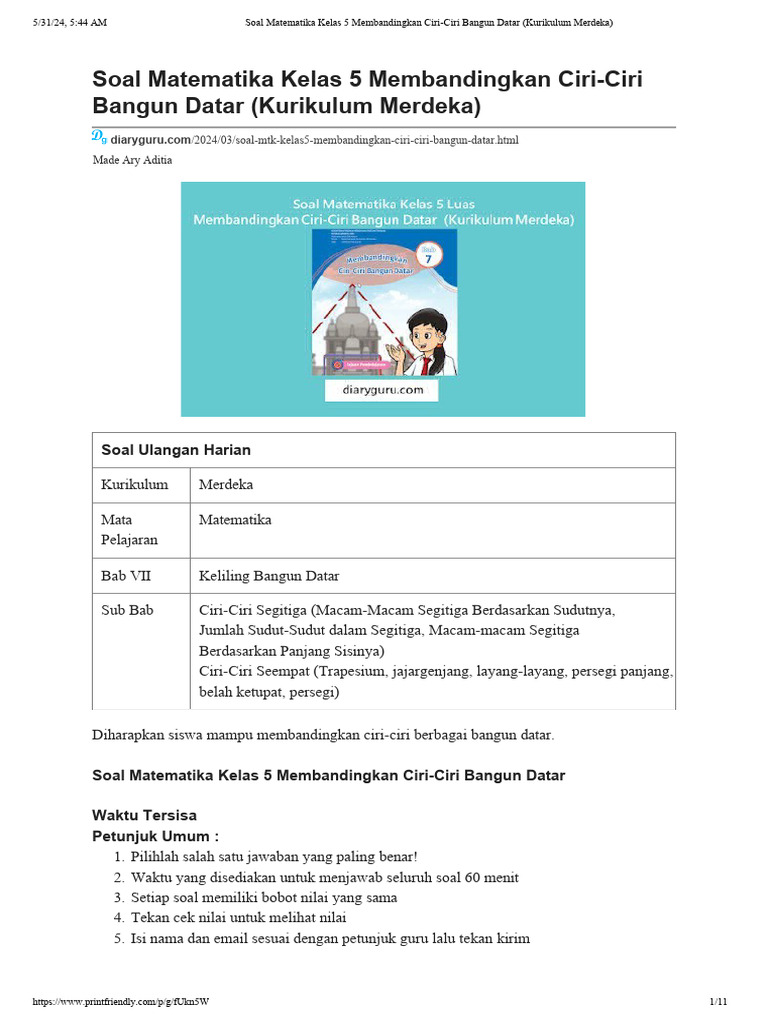 Soal Matematika Kelas 5 Membandingkan Ciri-Ciri Bangun Datar (Kurikulum ...