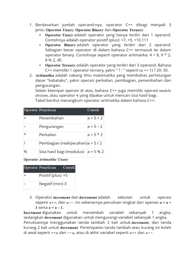 Operator C++: Unary, Binary, Ternary | PDF