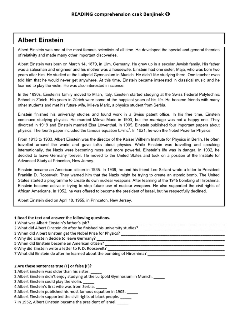 Albert Einstein Reading Reading Comprehension - Kulcsnélküli | PDF ...