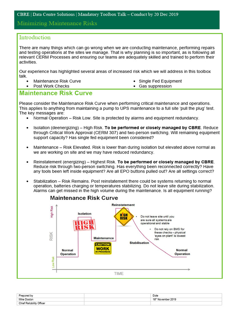Mandatory Tool Box Talk - Minimizing Maintenance Risks | PDF | Safety