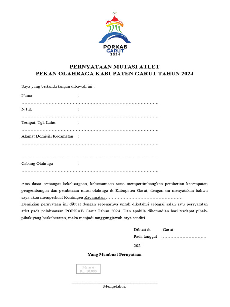 Form Pernyataan Mutasi Atlet | PDF