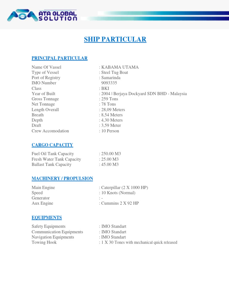 Kabama Utama Ship's Particular | PDF | Technology & Engineering