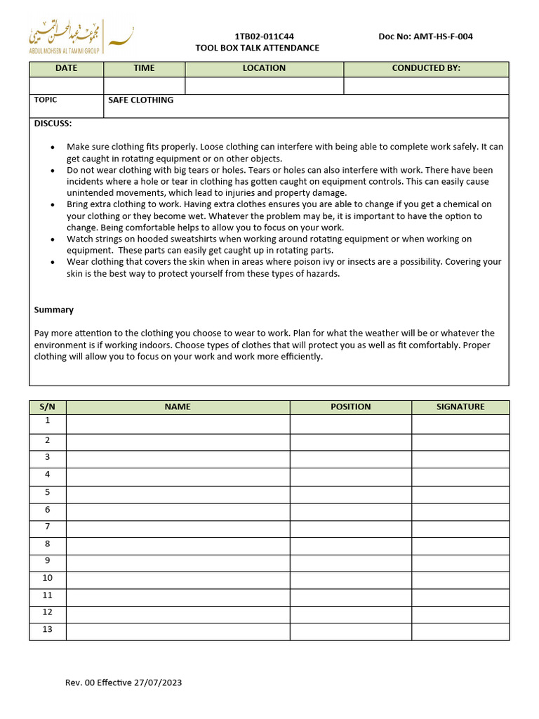 Amt-Hs-F-004 - Tool Box Talk Attendance Sheet (TBT) | PDF | Clothing