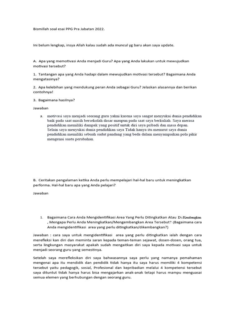 Bismillah soal esai PPG Pra Jabatan 2022 | PDF