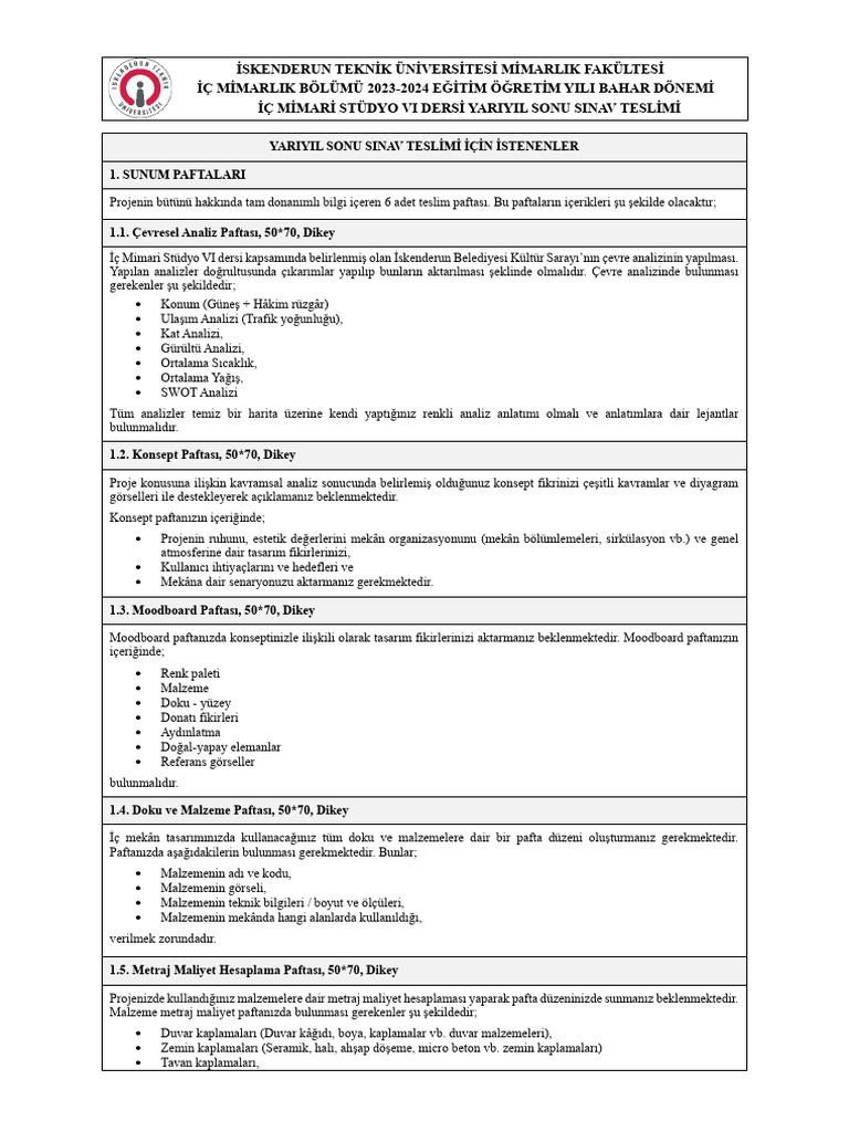 İÇM2 - 4802 - Stüdyo VI - Yarıyılsonu Teslimi İstenenler | PDF