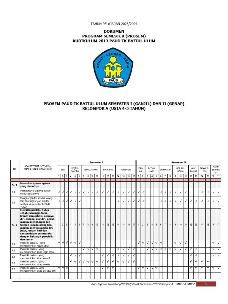 Prosem PAUD 2023/2024 TK Baitul Ulum | PDF