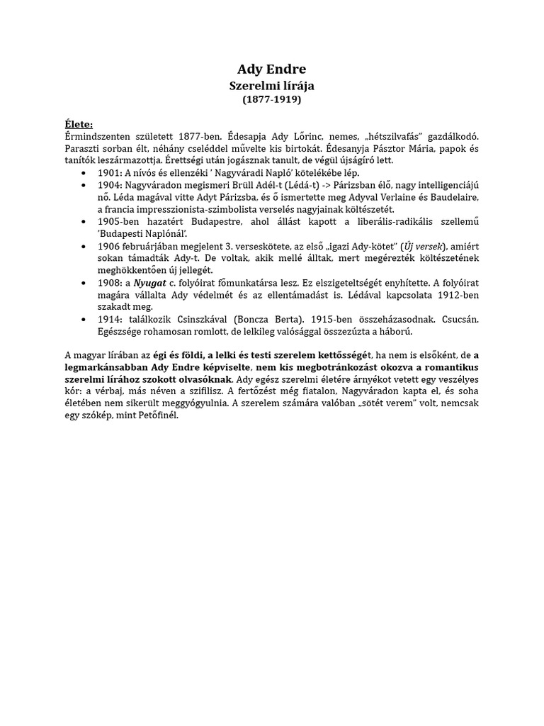3.tétel - Ady Endre Szerelmi Lírája | PDF