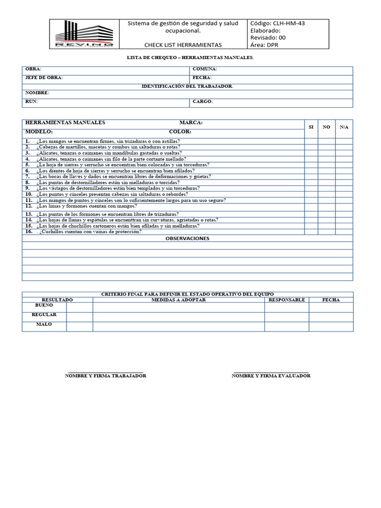 Lista de Chequeo de Herramientas Manuales | PDF | Herramientas