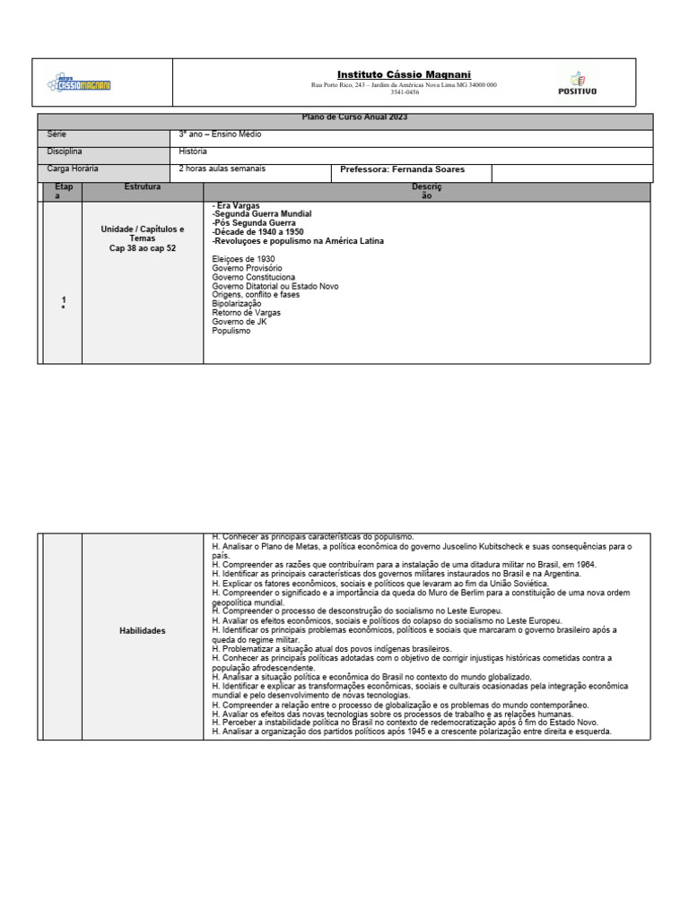 Plano de Curso - História - 3 Série - 2023 Icm | PDF | Sociedade | Sociologia