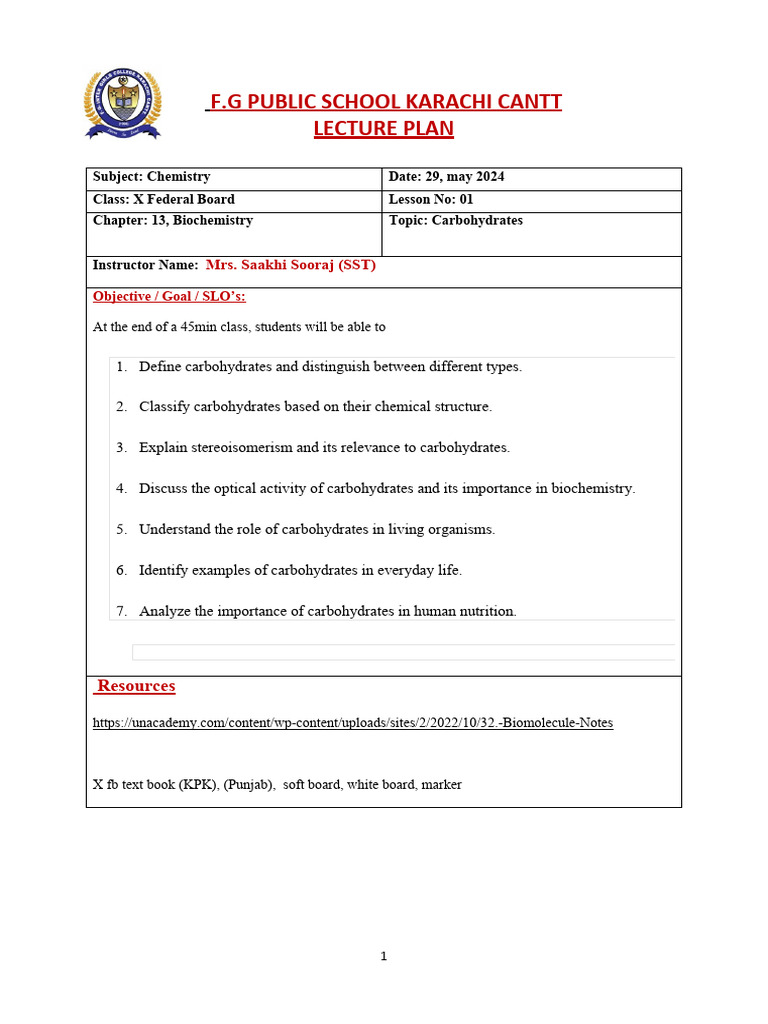 Lesson Plan 2 | PDF | Carbohydrates | Glucose