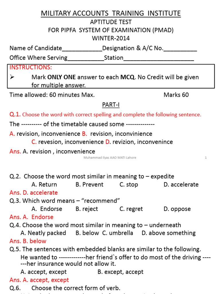 Military Accounts Aptitude Test 2014 | PDF | Multiple Choice