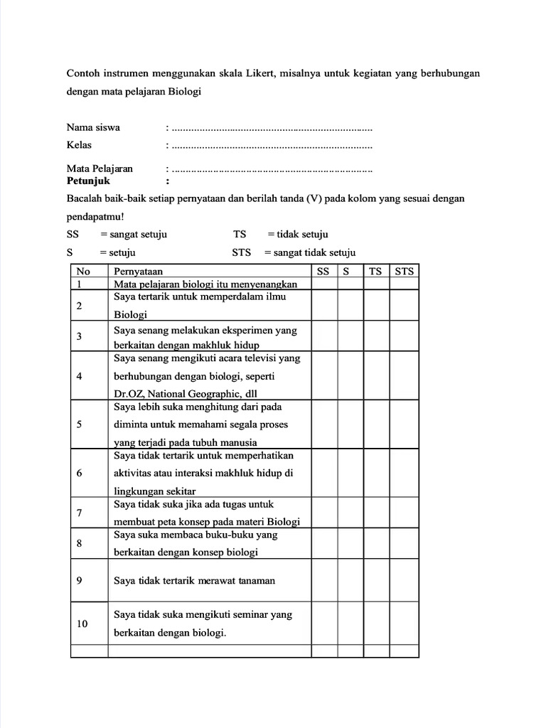PDF Contoh Instrumen Menggunakan Skala Likert - Compress | PDF