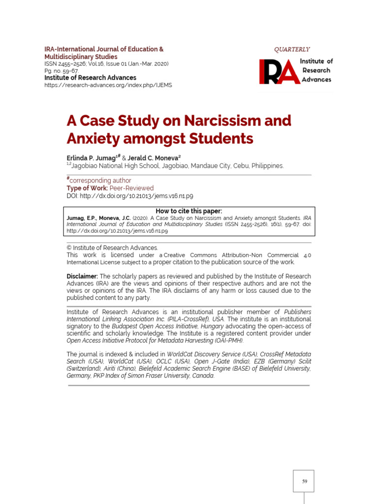 A Case Study On Narcissism and Anxiety A | PDF | Narcissism | Anxiety