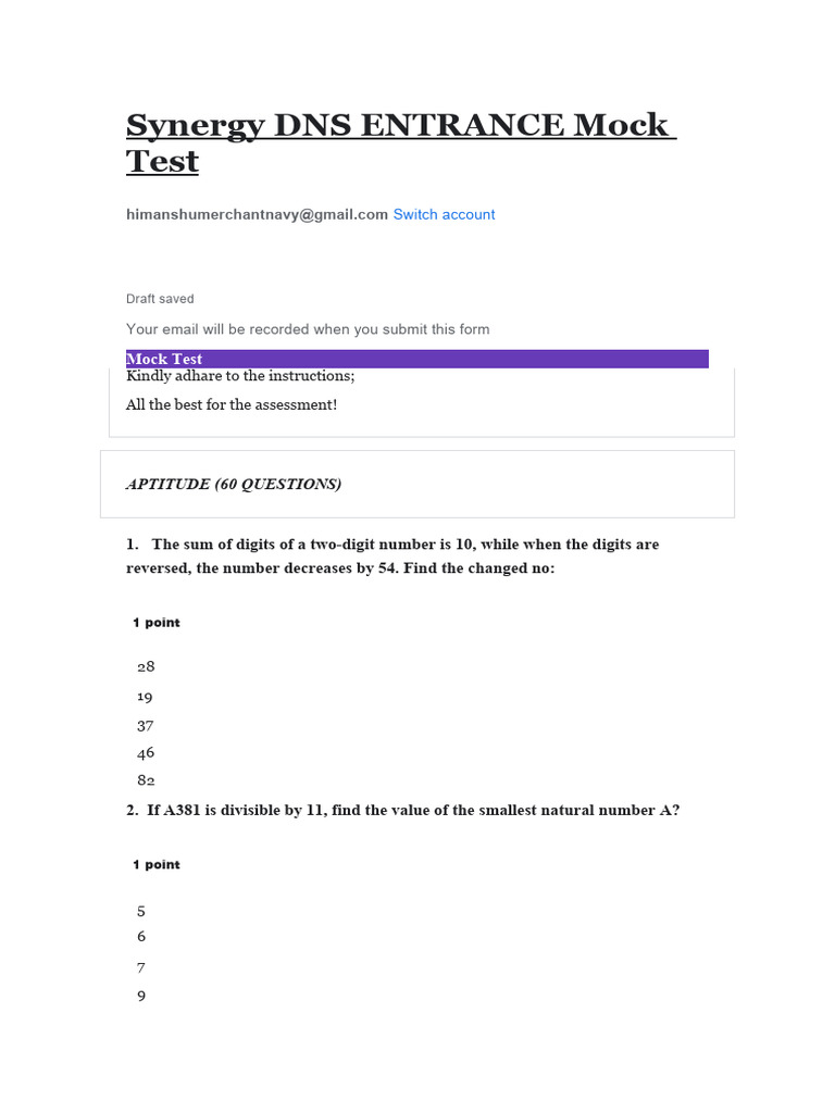 Synergy DNS Entrance Mock Test | PDF | Acid | Force