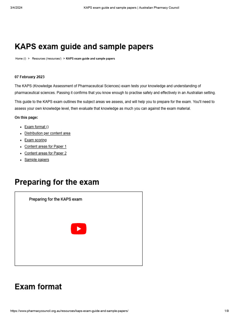 KAPS Exam Guide and Sample Papers - Australian Pharmacy Council | PDF | Pharmacology ...