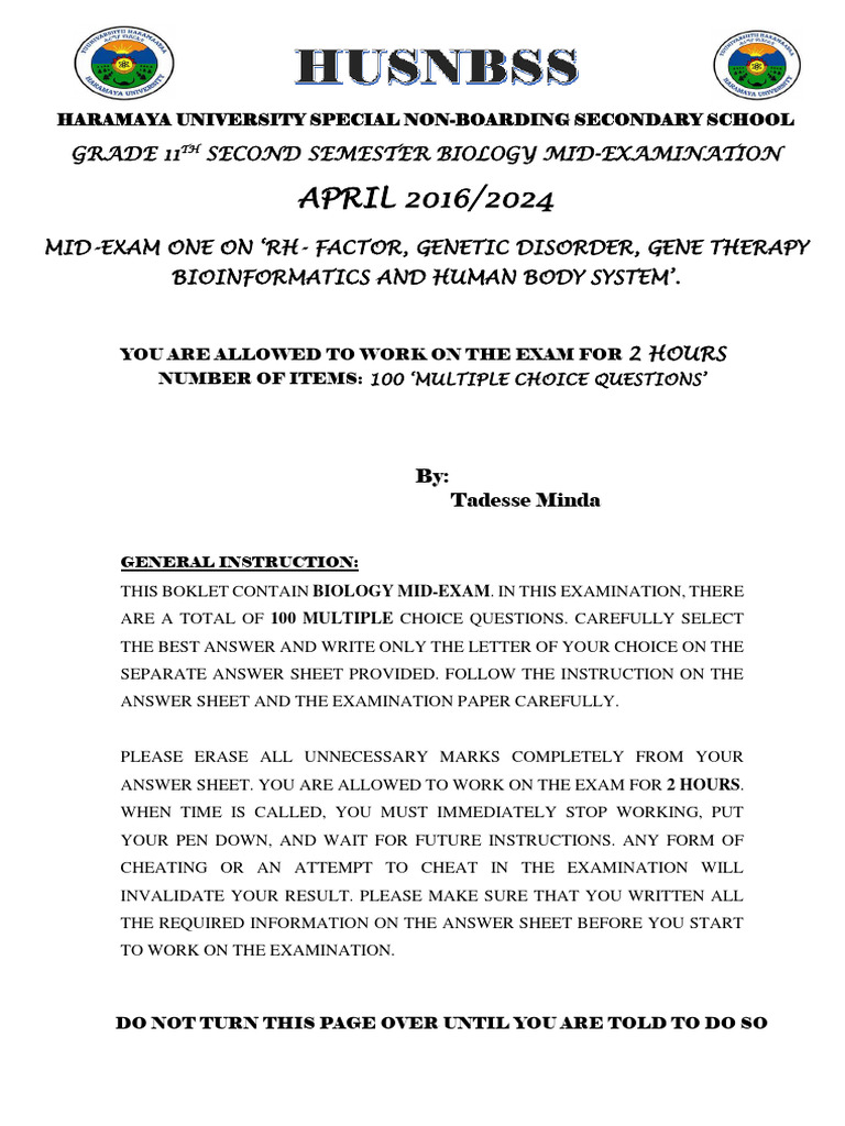 2016 Biology Mid-Exam Grade-11 Second Sem. | PDF | Menstrual Cycle | Muscle