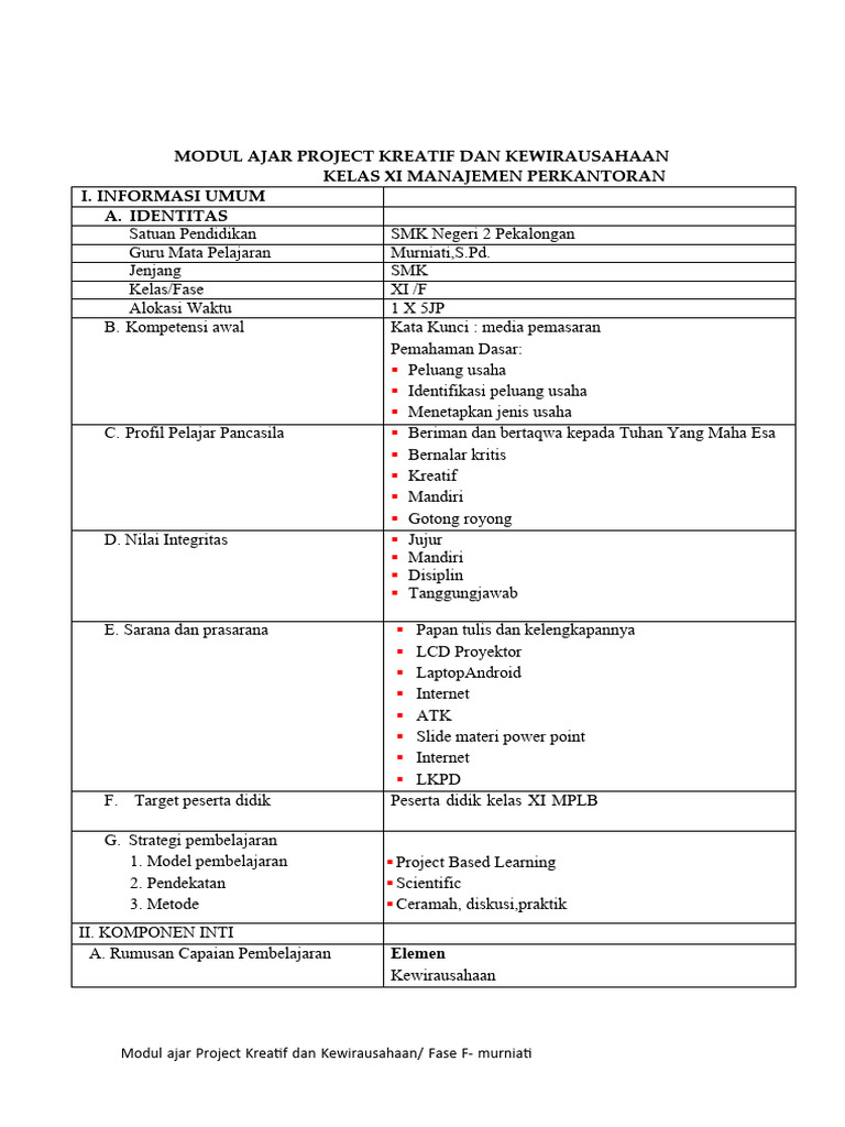 MODUL AJAR PKK MURNI GENAP Fix | PDF