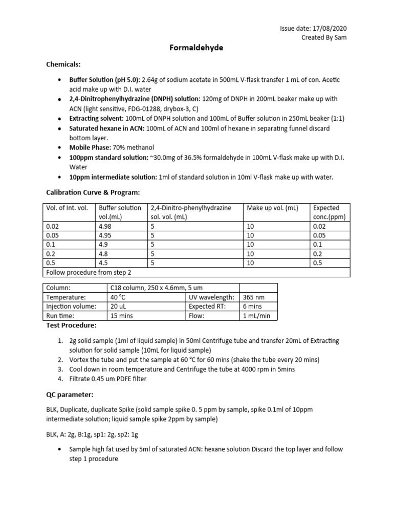 Formaldehyde Testing Procedure Guide | PDF | Water | Chemistry