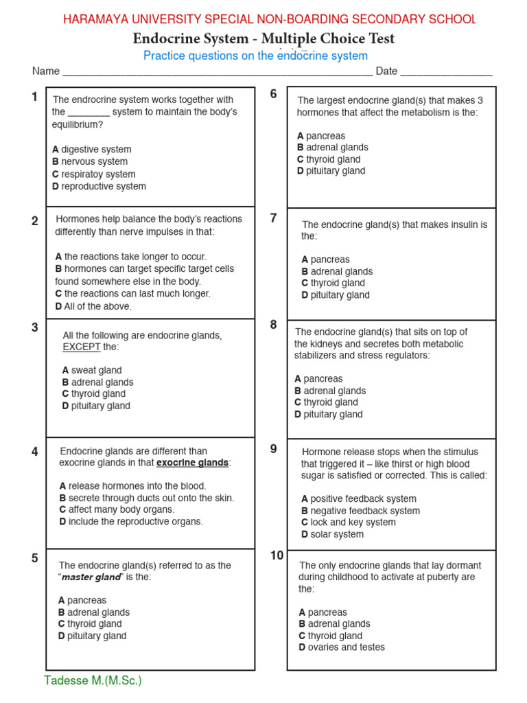 Endocrine System Mutliple Choice | PDF | Endocrine System | Hormone