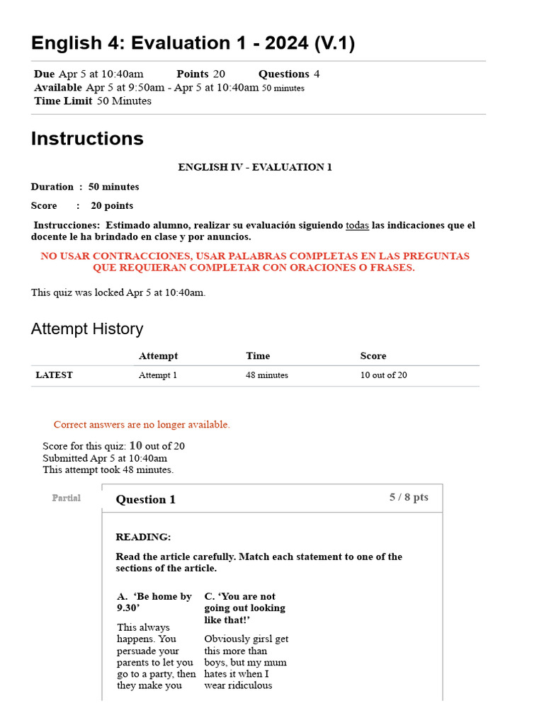 English 4 - Evaluation 1 - 2024 (V.1) | PDF