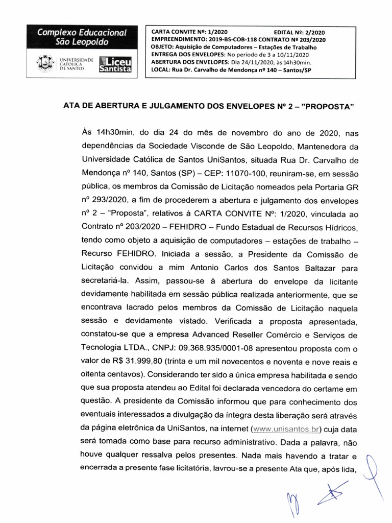 Ata de Abertura Dos Envelopes de Proposta Comercial Assinada | PDF