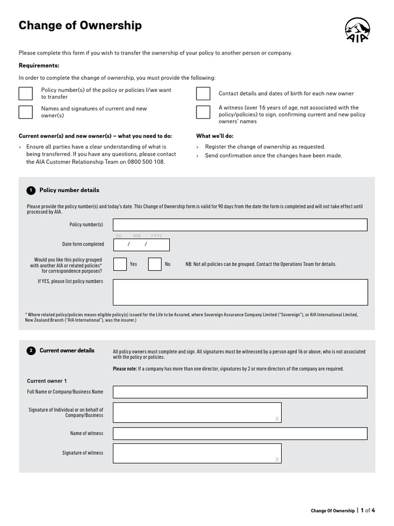 AIA Change of Ownership | PDF | Legal Guardian | Trustee