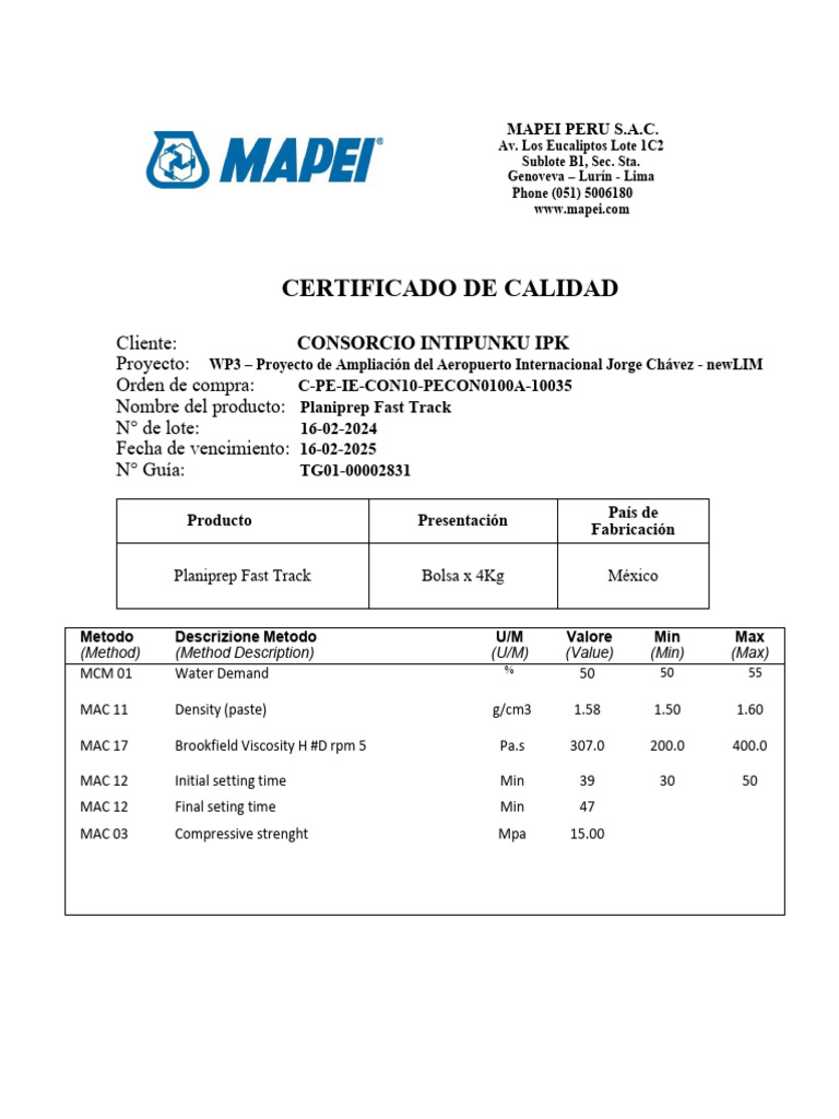 Certificado - de - Calidad - PLANIPREP - FT 160224 | PDF | Métodos de evaluación | Evaluación