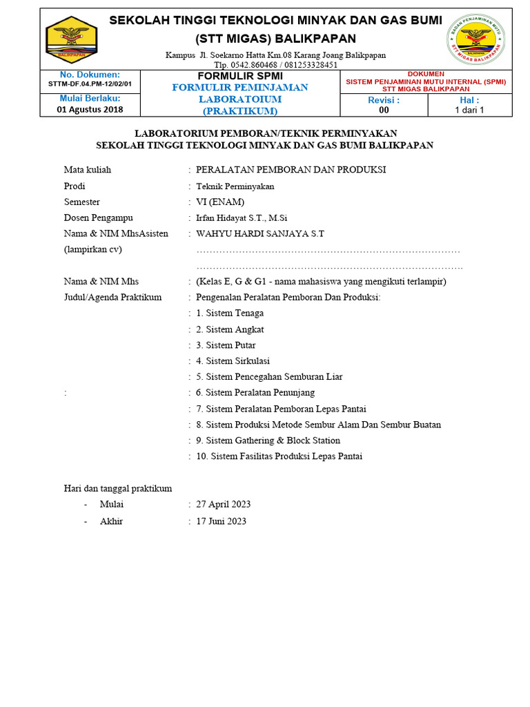 02 Formulir Rencana Kegiatan Praktikum Peralatan Pemboran & Produksi (Mas Irfan) 2023 | PDF