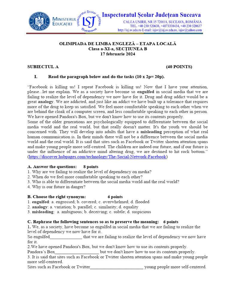 XI B Engleza Etapa Locala Subiect MODIFICAT | PDF | Artificial Intelligence | Intelligence (AI ...