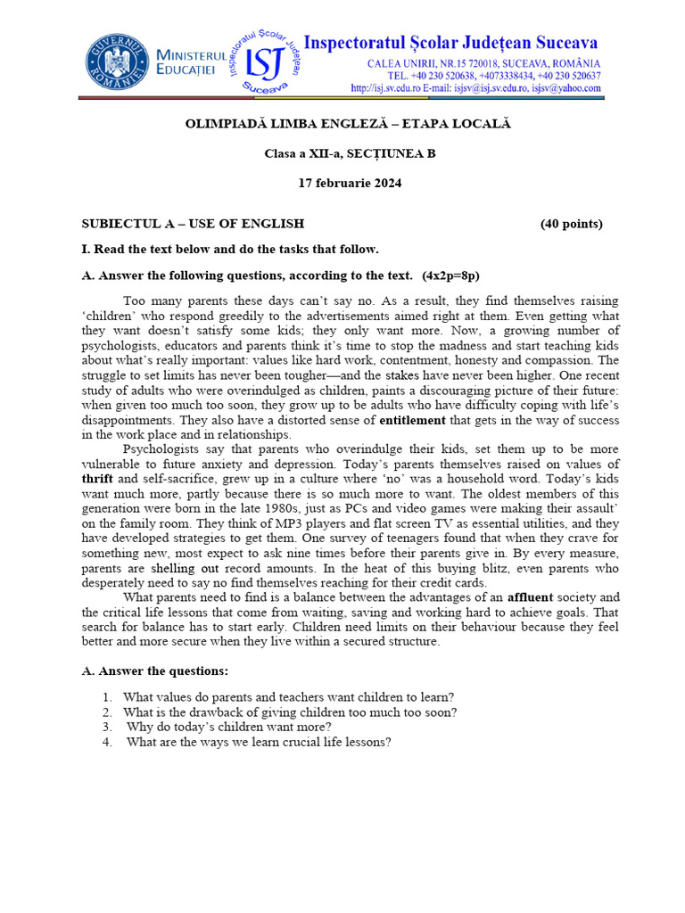 XII B Engleza Etapa Locala Subiect MODIFICAT | PDF | Cognition | Psychology