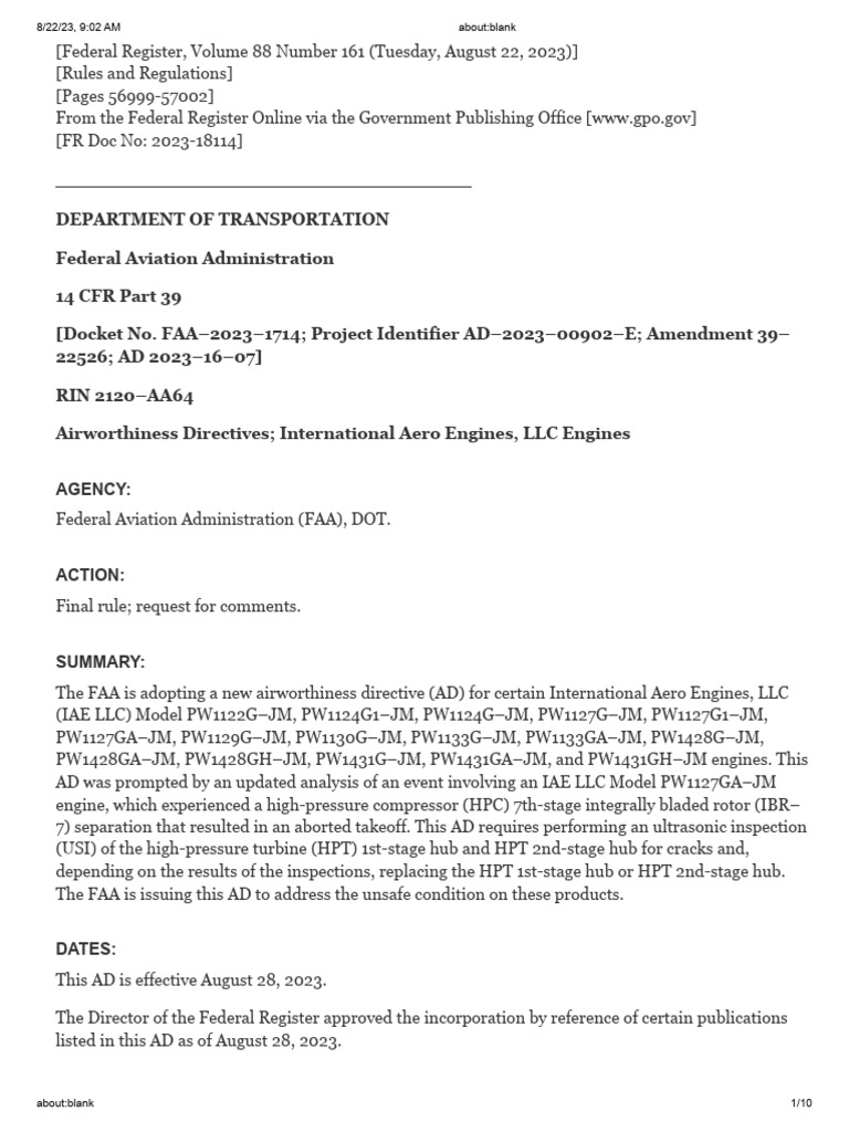 FAA Airworthiness Directive for IAE Engines | PDF | Federal Aviation ...